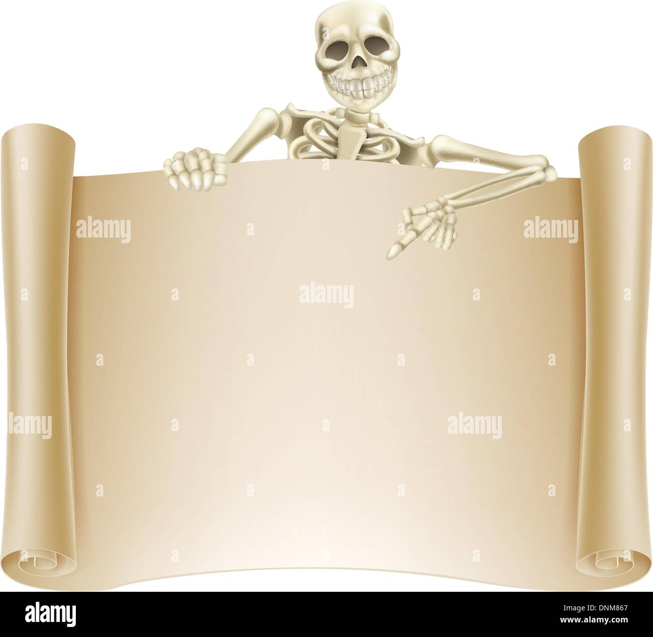 An illustration of a scroll sign with a skeleton character pointing ...