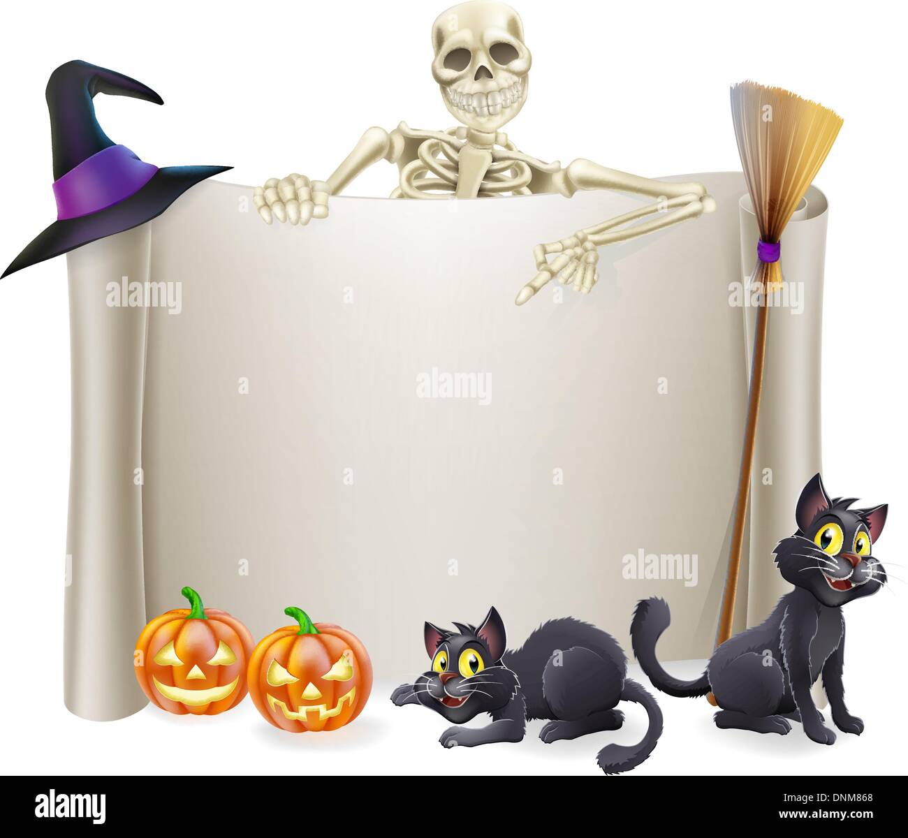 A Halloween scroll sign with a skeleton character above the banner and ...