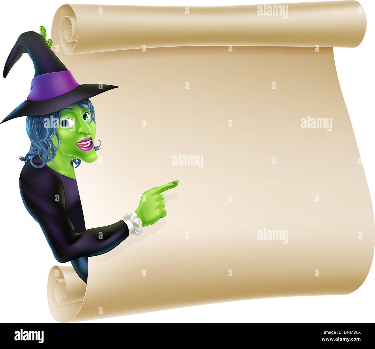An illustration of a Halloween witch character peeping round a scroll ...