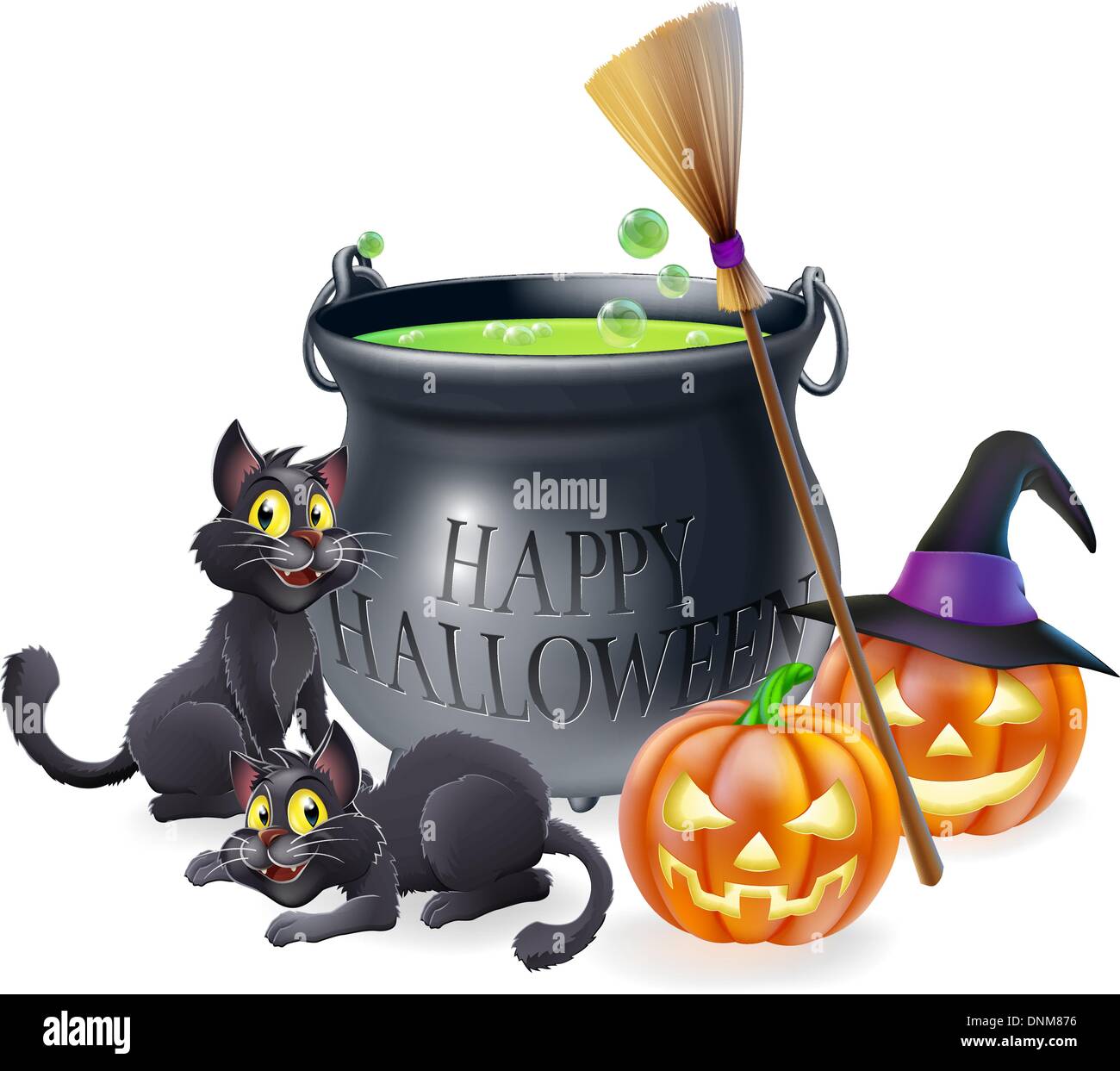 A happy Halloween cartoon illustration of witches cauldron, cats and ...