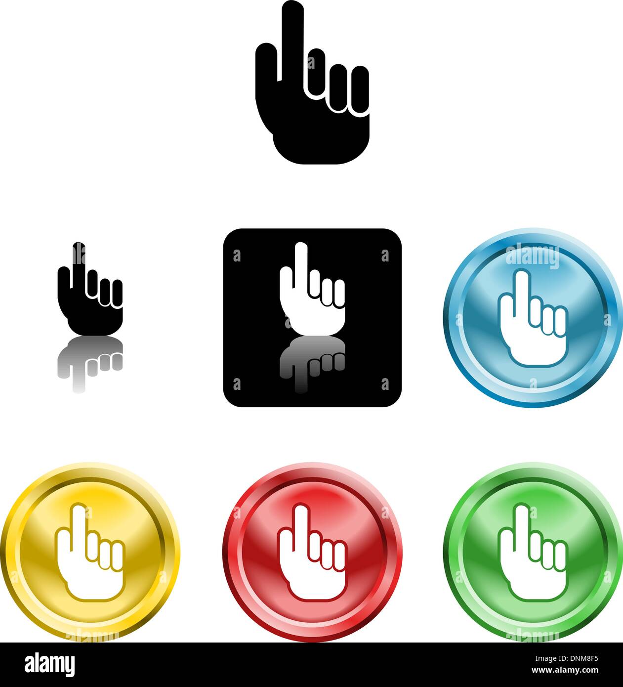 Several versions of an icon symbol of a stylised hand pointing finger ...