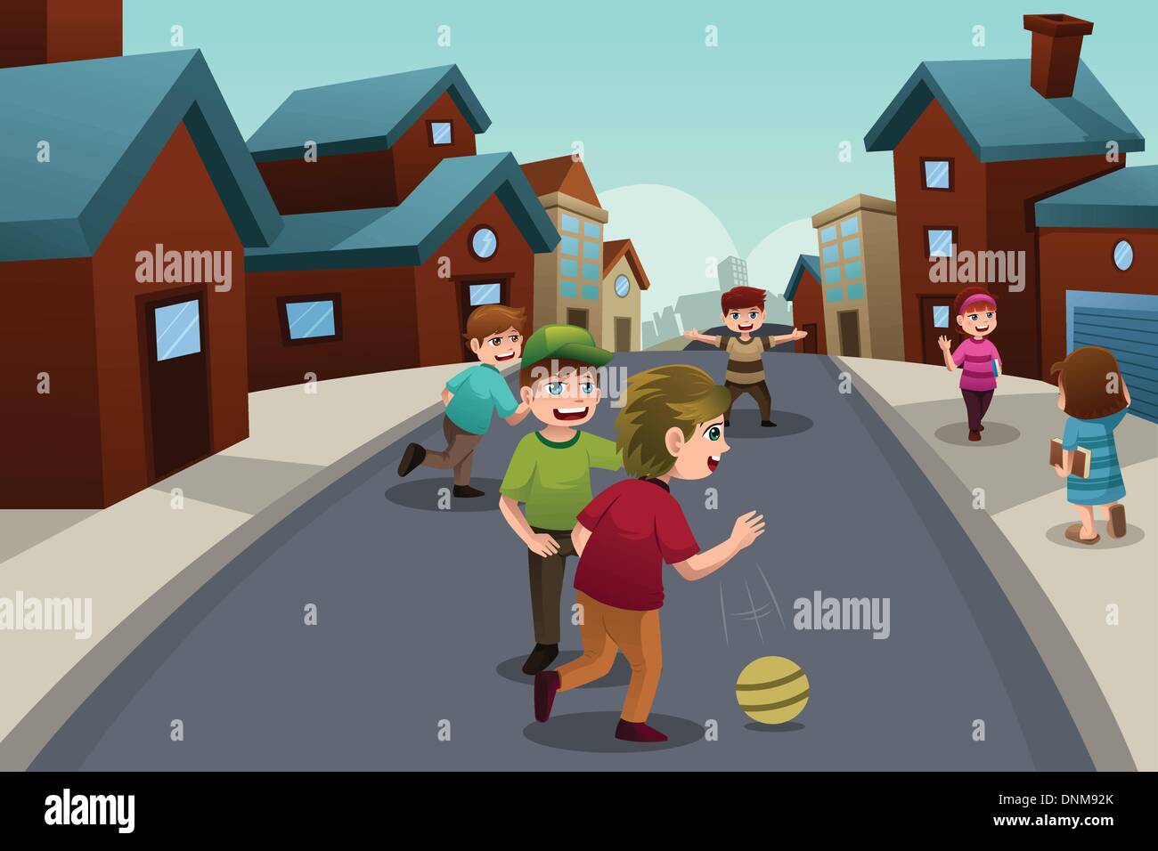 A vector illustration of happy kids playing in the street of a suburban ...