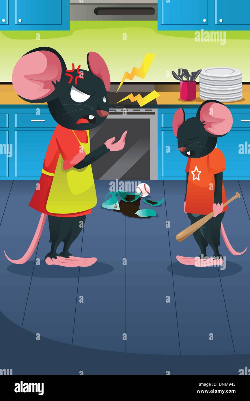 A vector illustration of angry mouse yelling at her kid in the kitchen ...