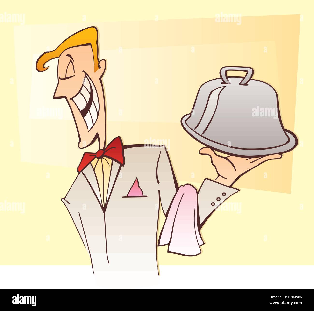 Illustration of happy waiter serving specialty dish in restaurant Stock ...