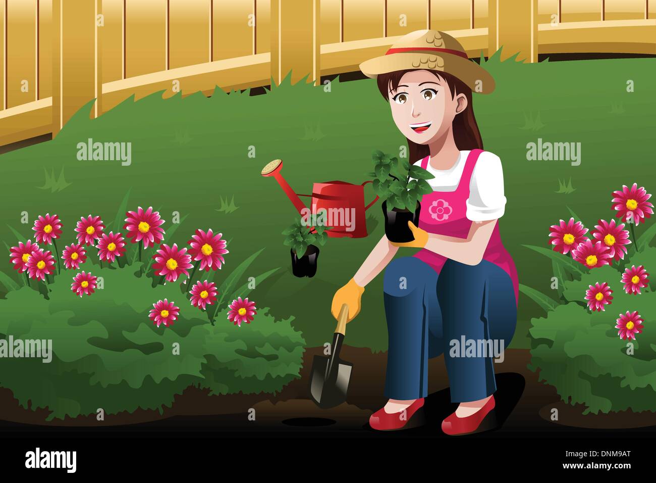 A vector illustration of a beautiful young woman working in the yard ...