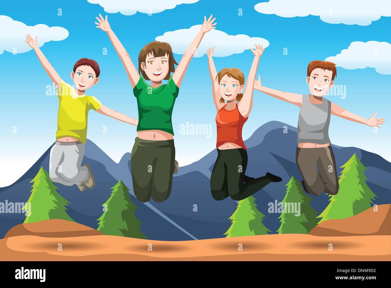 A vector illustration of happy friends jumping together Stock Vector ...