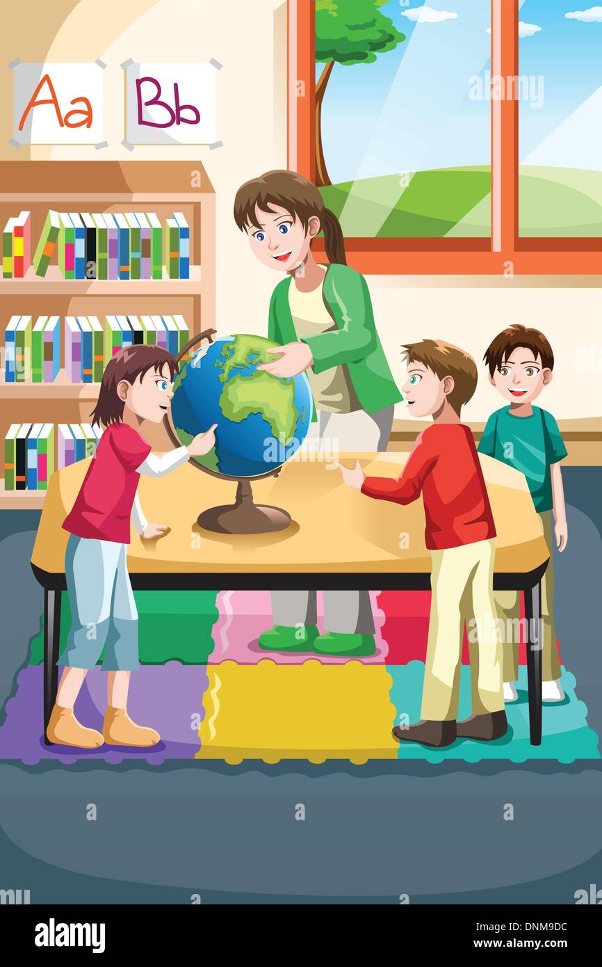 A vector illustration of kindergarten teacher and students looking at a ...