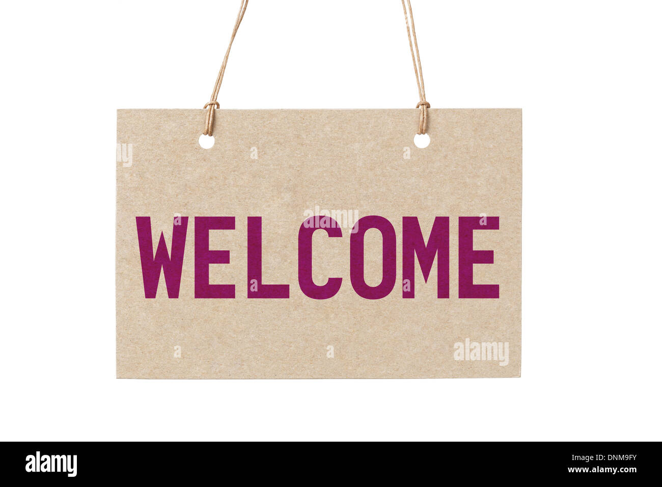 welcome sign from cardboard paper hanging on rope. isolated Stock Photo ...