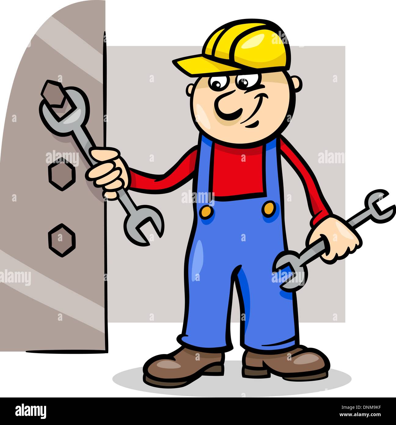 Cartoon Illustration of Man Worker or Workman Screw Down a Bolt with ...