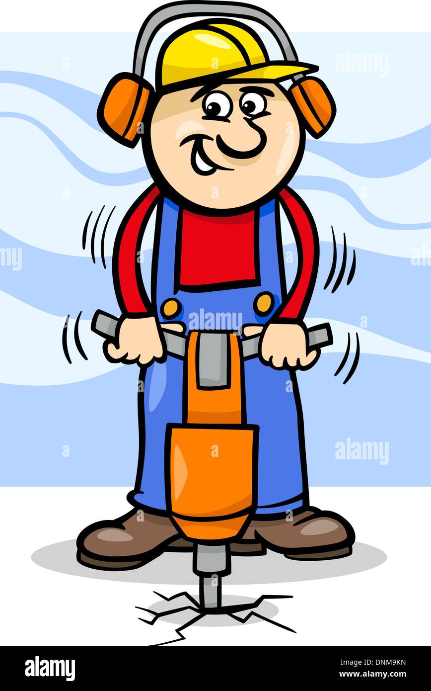 Cartoon Illustration of Man Worker or Workman with Pneumatic Hammer ...