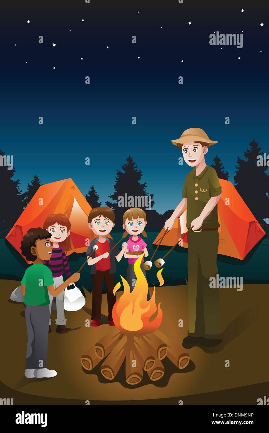 A vector illustration of kids and their counselor having a bonfire in a ...