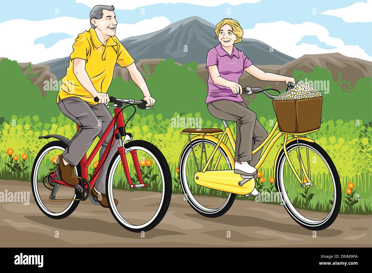 A vector illustration of happy senior couple biking together in the ...
