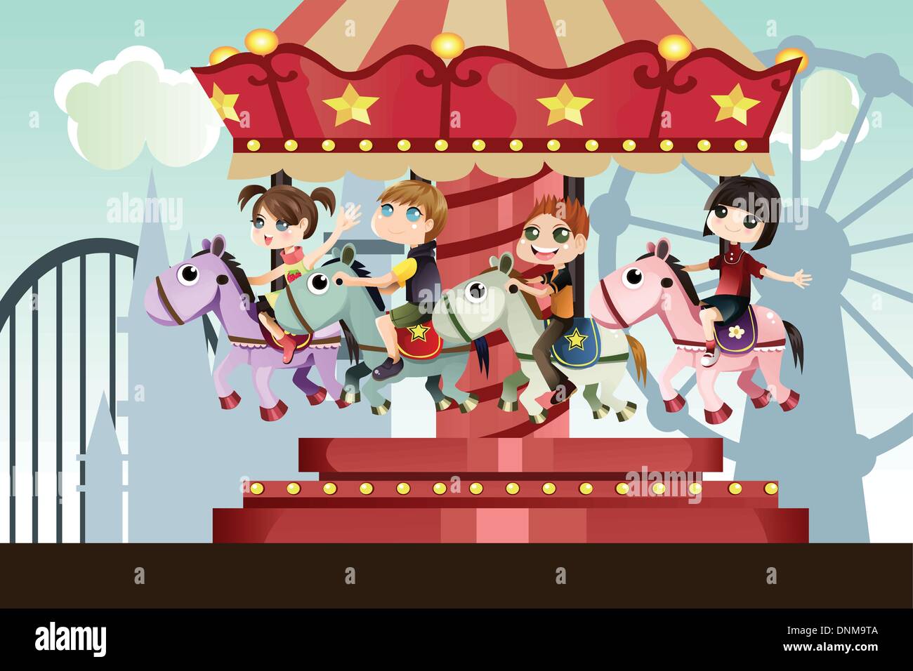 A vector illustration of children playing merry go round in an ...