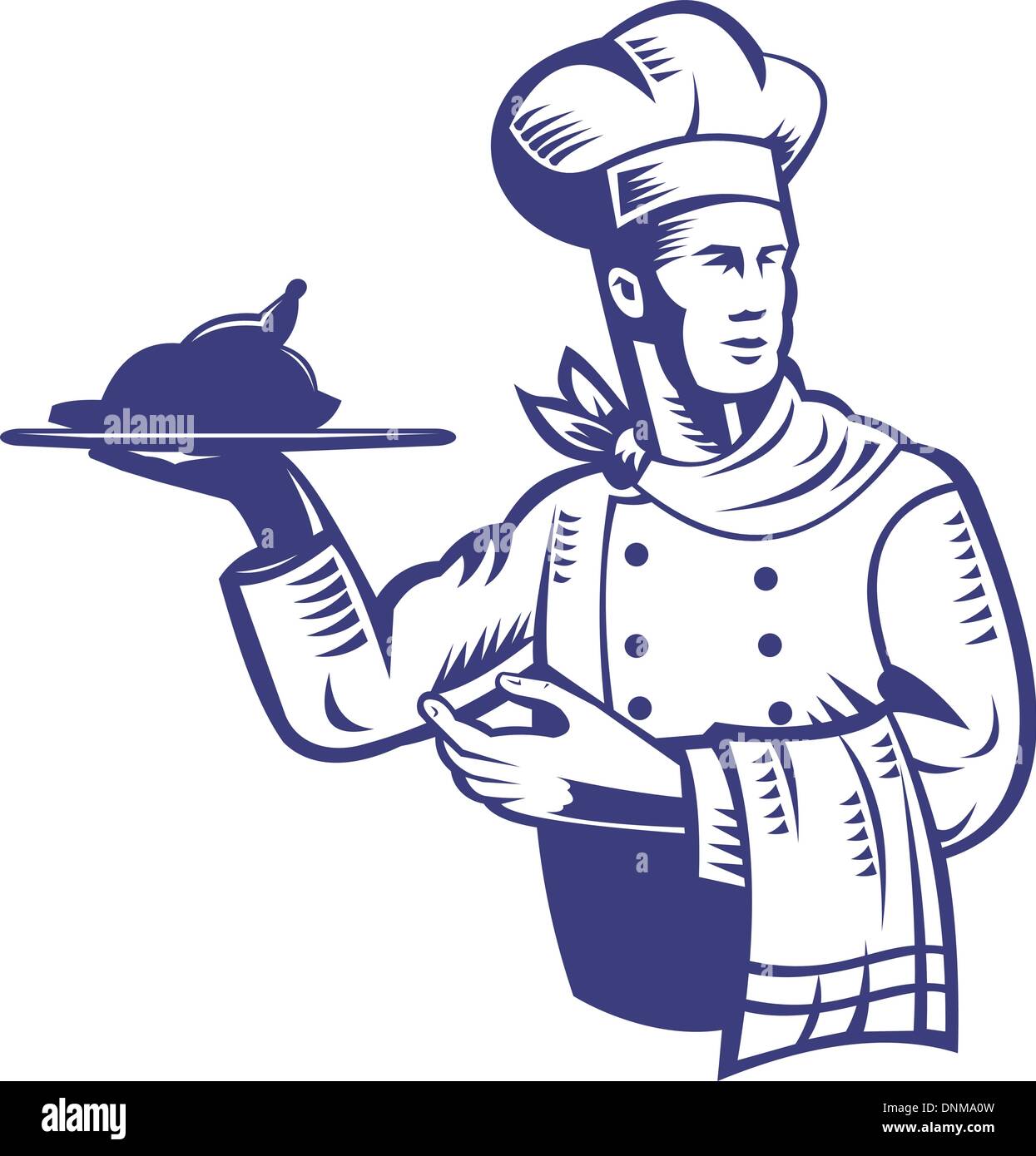 illustration of a chef cook done in retro woodcut style holding serving ...