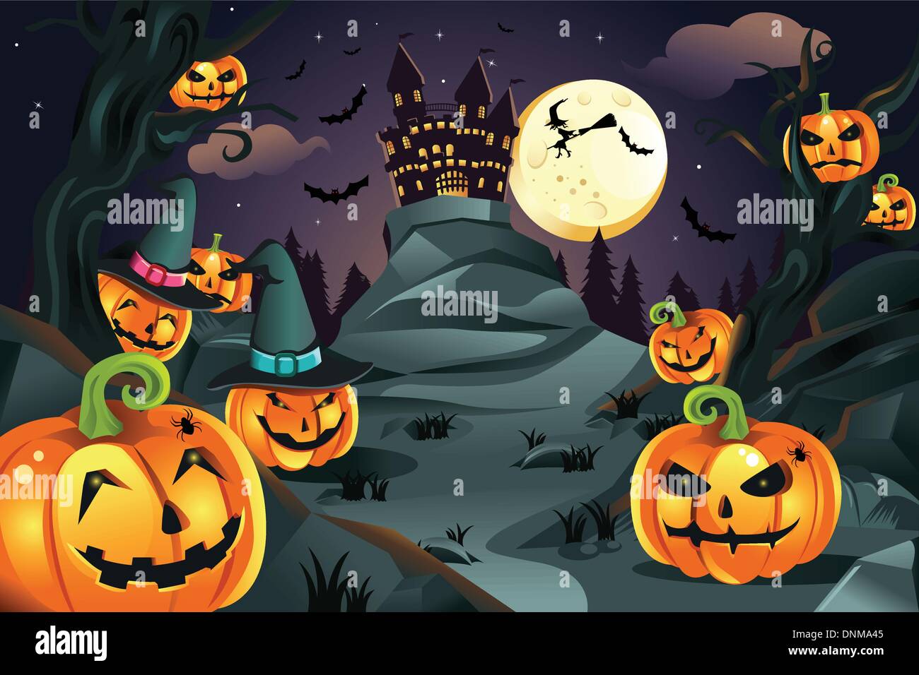 A vector illustration of Halloween background with pumpkins and spooky ...
