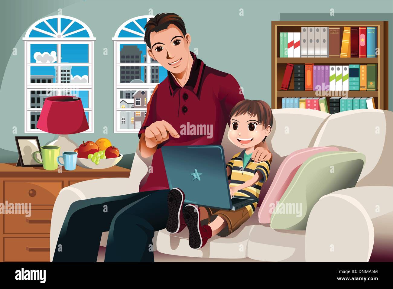 A vector illustration of a father and his son using a computer in the ...