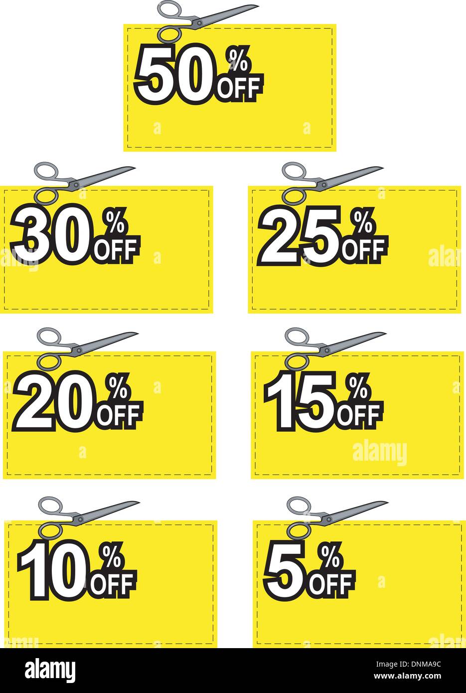 Illustration of scissors cutting yellow coupon with per cent off sign ...
