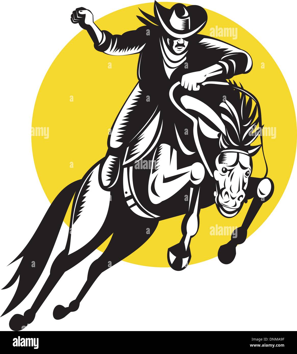 Illustration of rodeo cowboy riding a bucking bronco done in retro ...