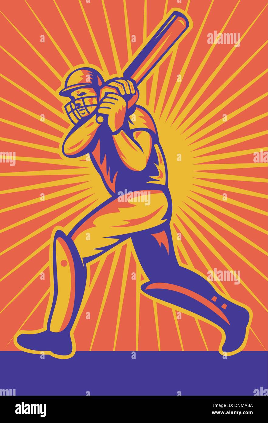 illustration of a cricket batsman batting front view with sunburst in ...