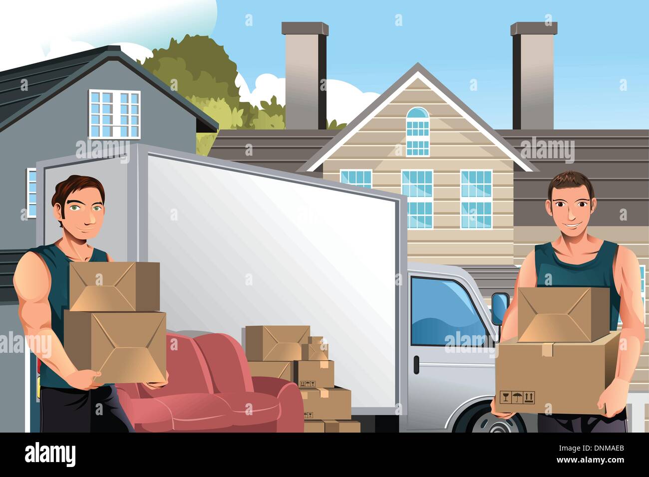 A vector illustration of moving men carrying boxes in front of their ...