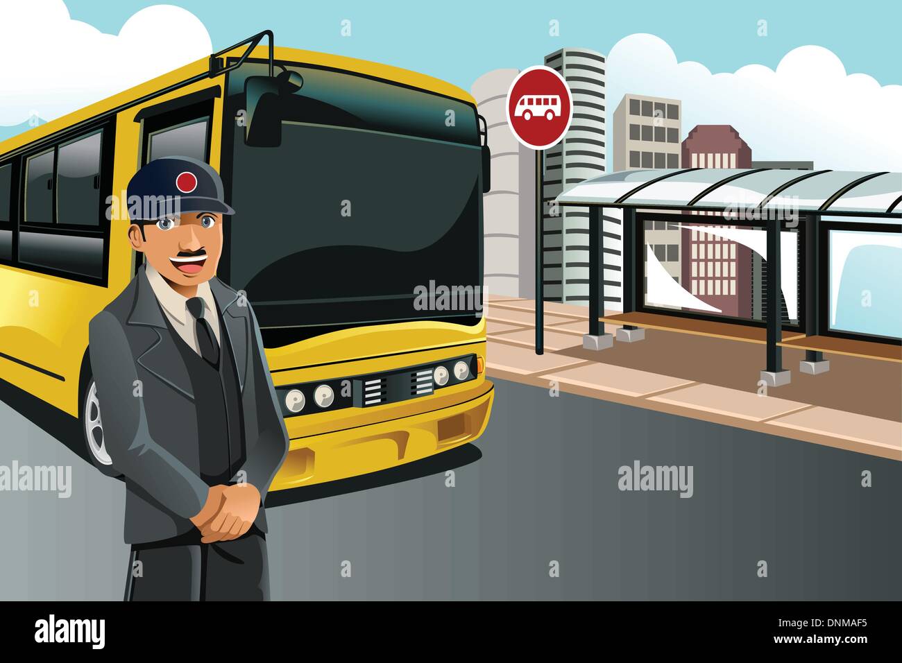 A vector illustration of a bus driver standing in front of the bus at a ...