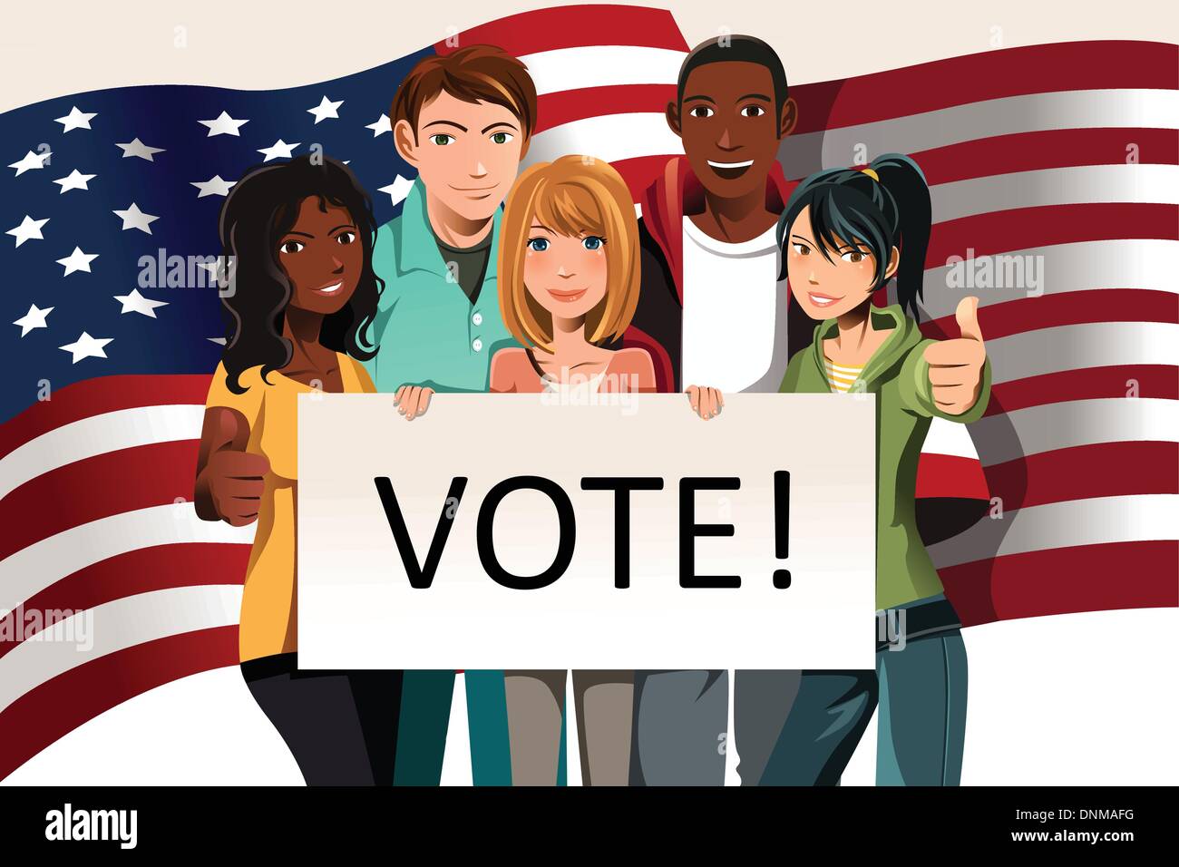 A vector illustration of a group of young adults holding a "Vote" sign ...