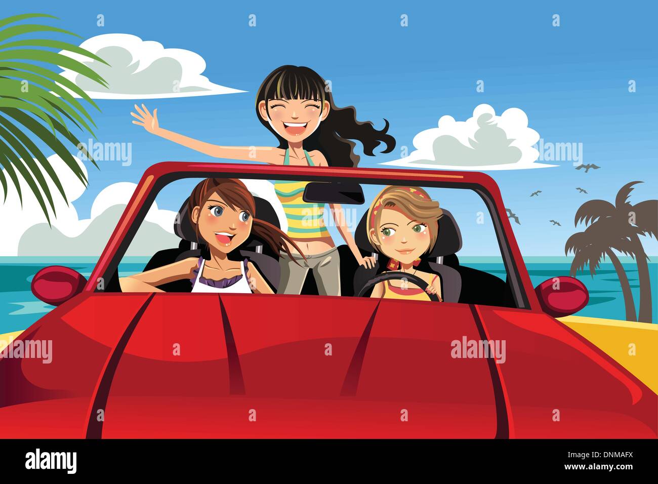 A vector illustration of three female friends having fun in a car ...