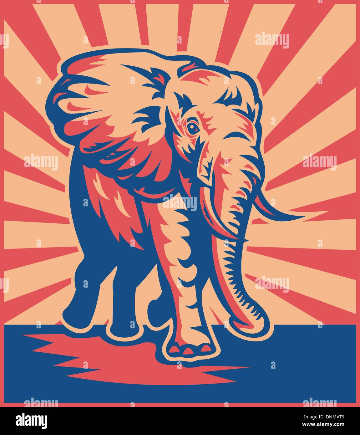 illustration of a an african bull elephant charging done in woodcut ...