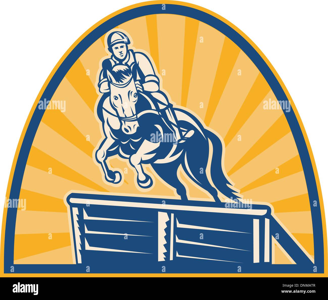 illustration of an equestrian show jumping with horse with sunburst in ...