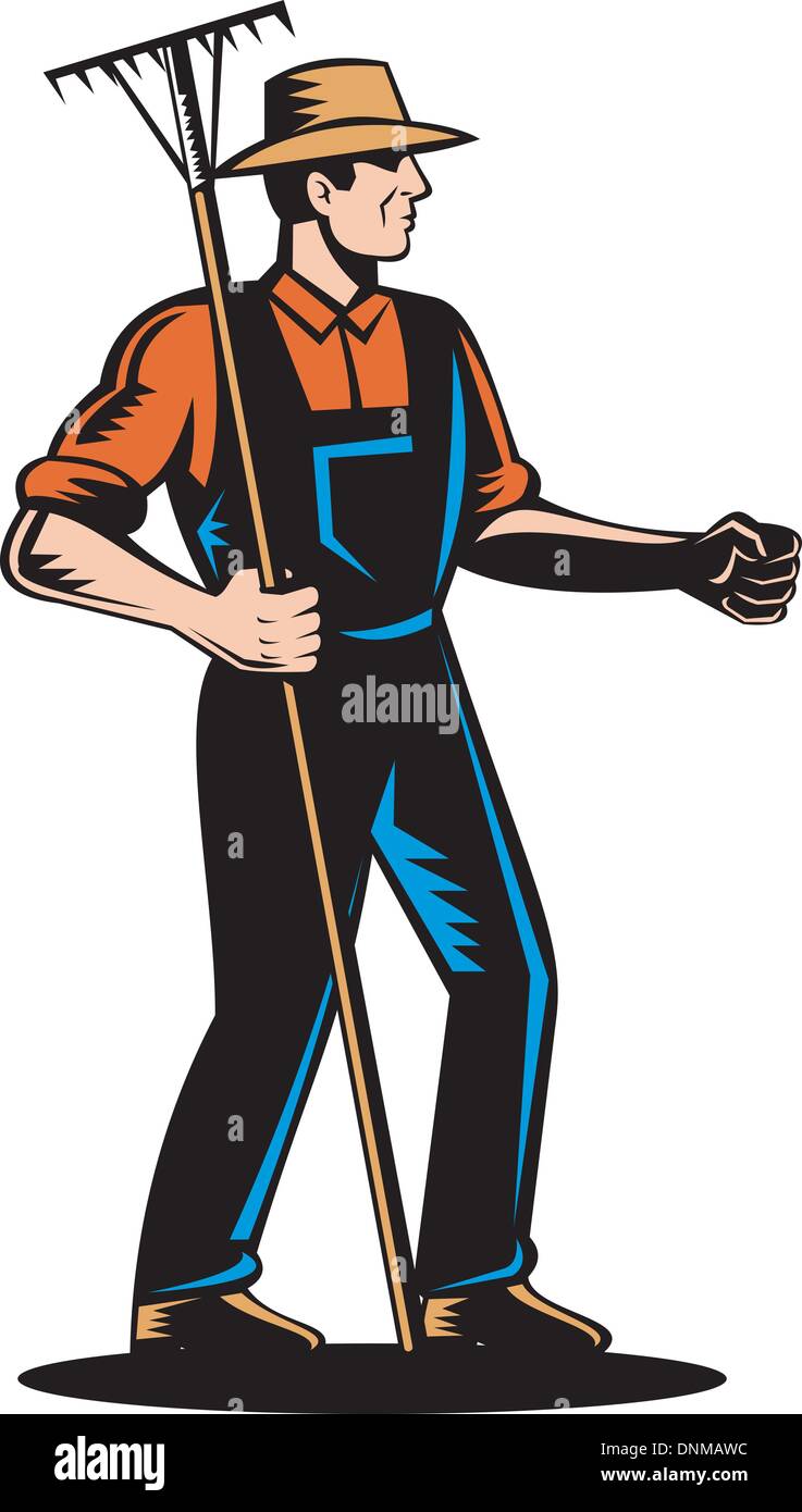 illustration of a Farmer standing to side and holding a rake Stock ...