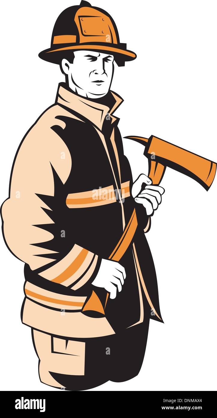 illustration of a fireman fire fighter done in retro style holding an ...