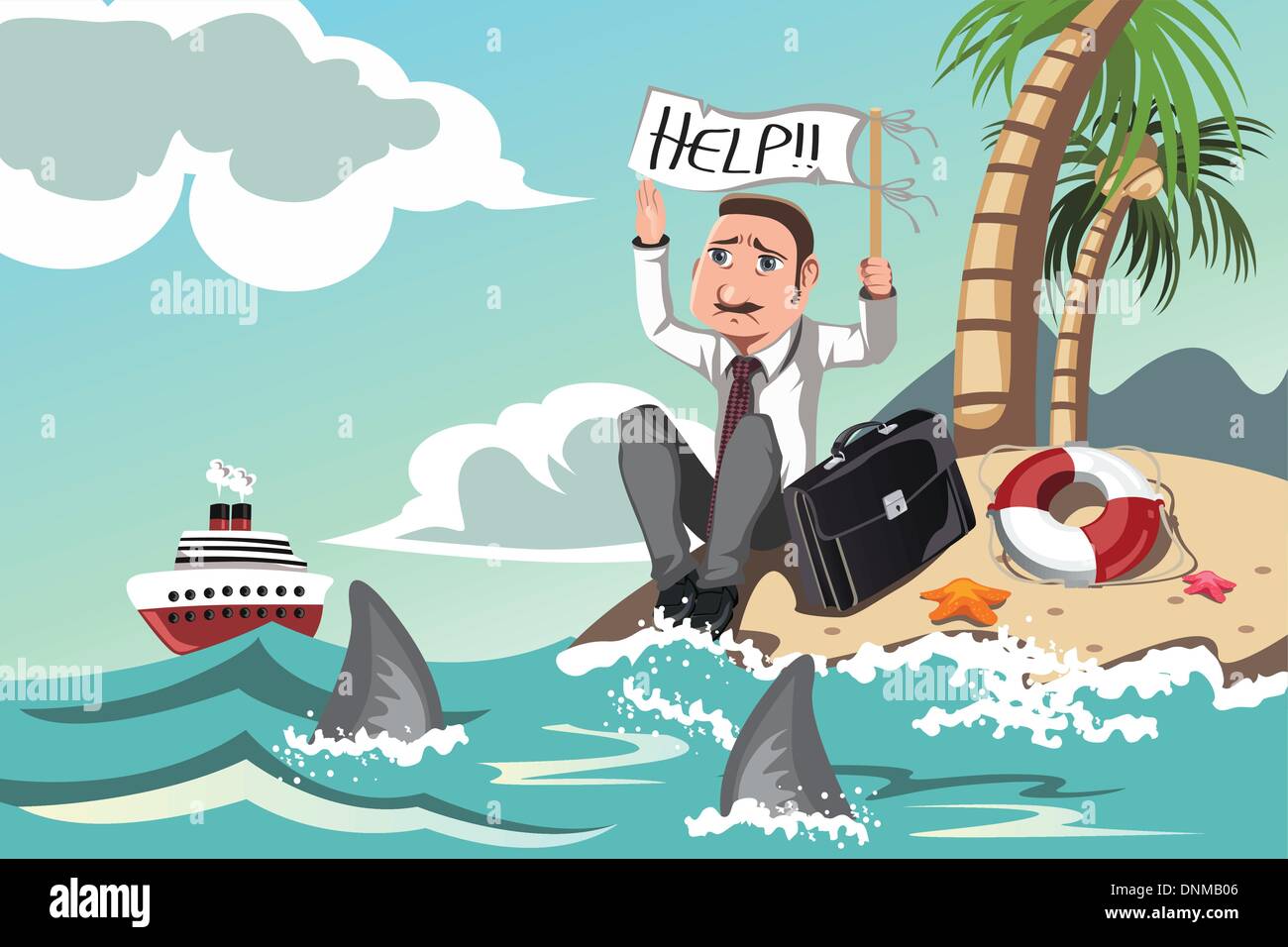 A vector illustration of a businessman stranded in an island asking for ...