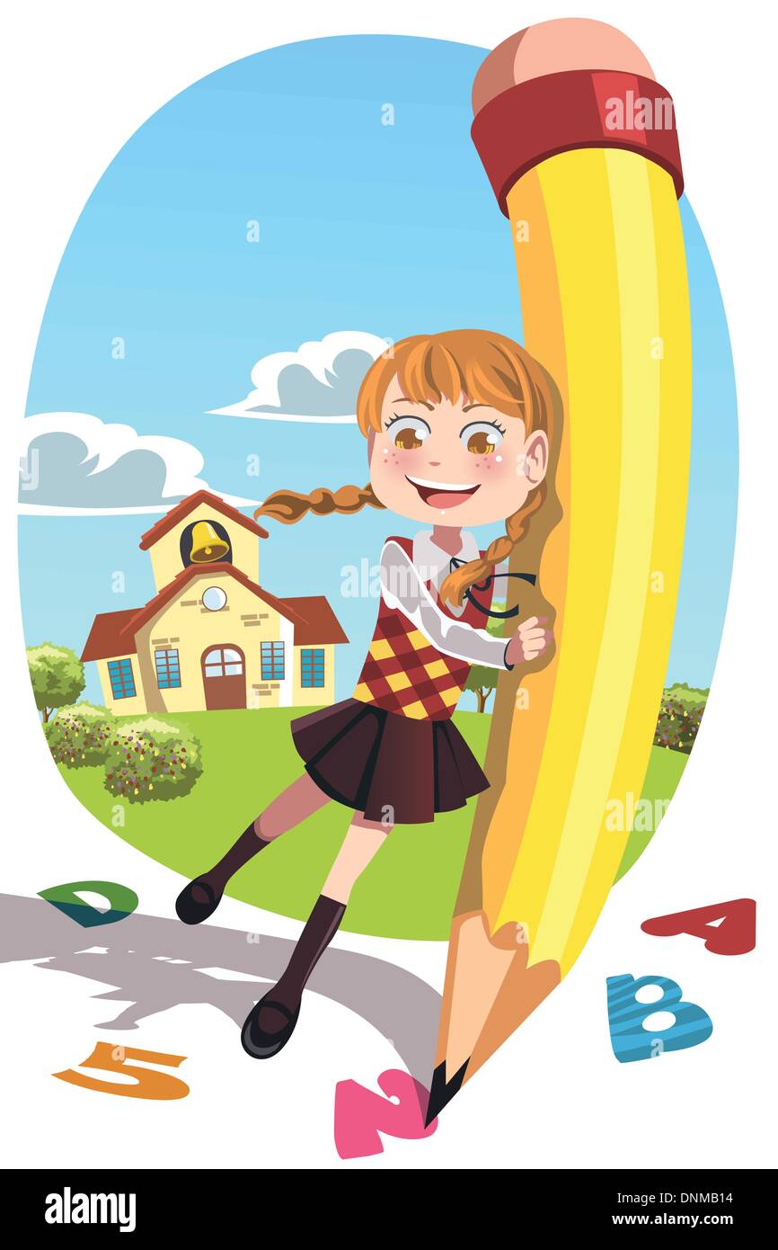 A vector illustration of a happy school girl holding a pencil writing ...