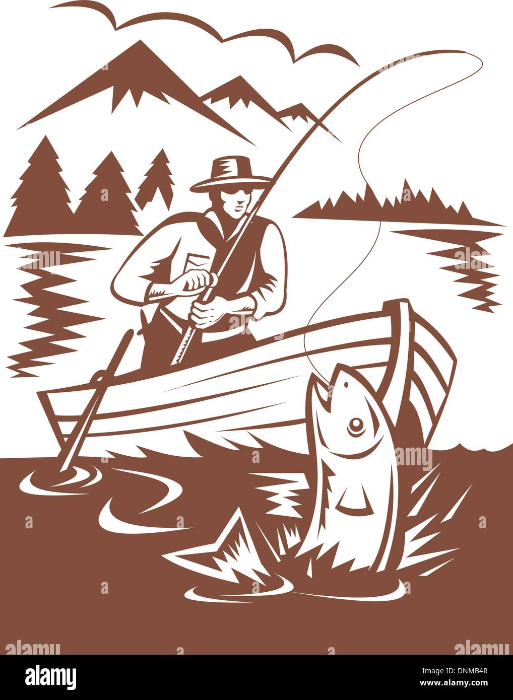 illustration of a Fly fisherman catching trout on boat done in woodcut ...