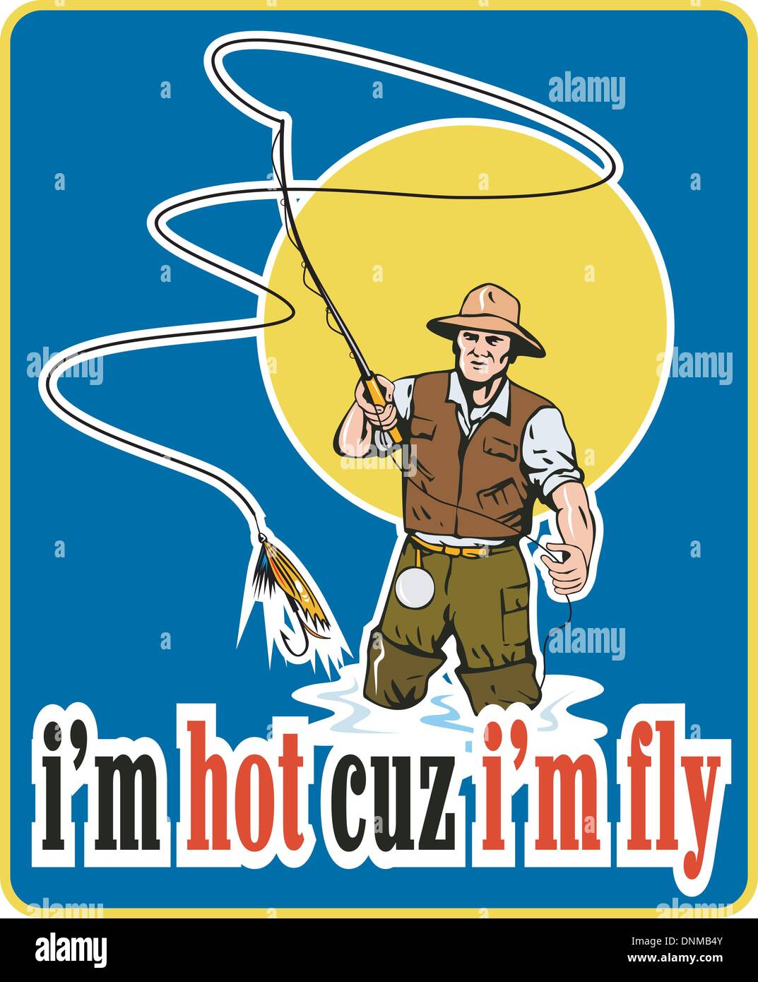 illustration of a fly fisherman fishing with fly rod and reel and bait ...