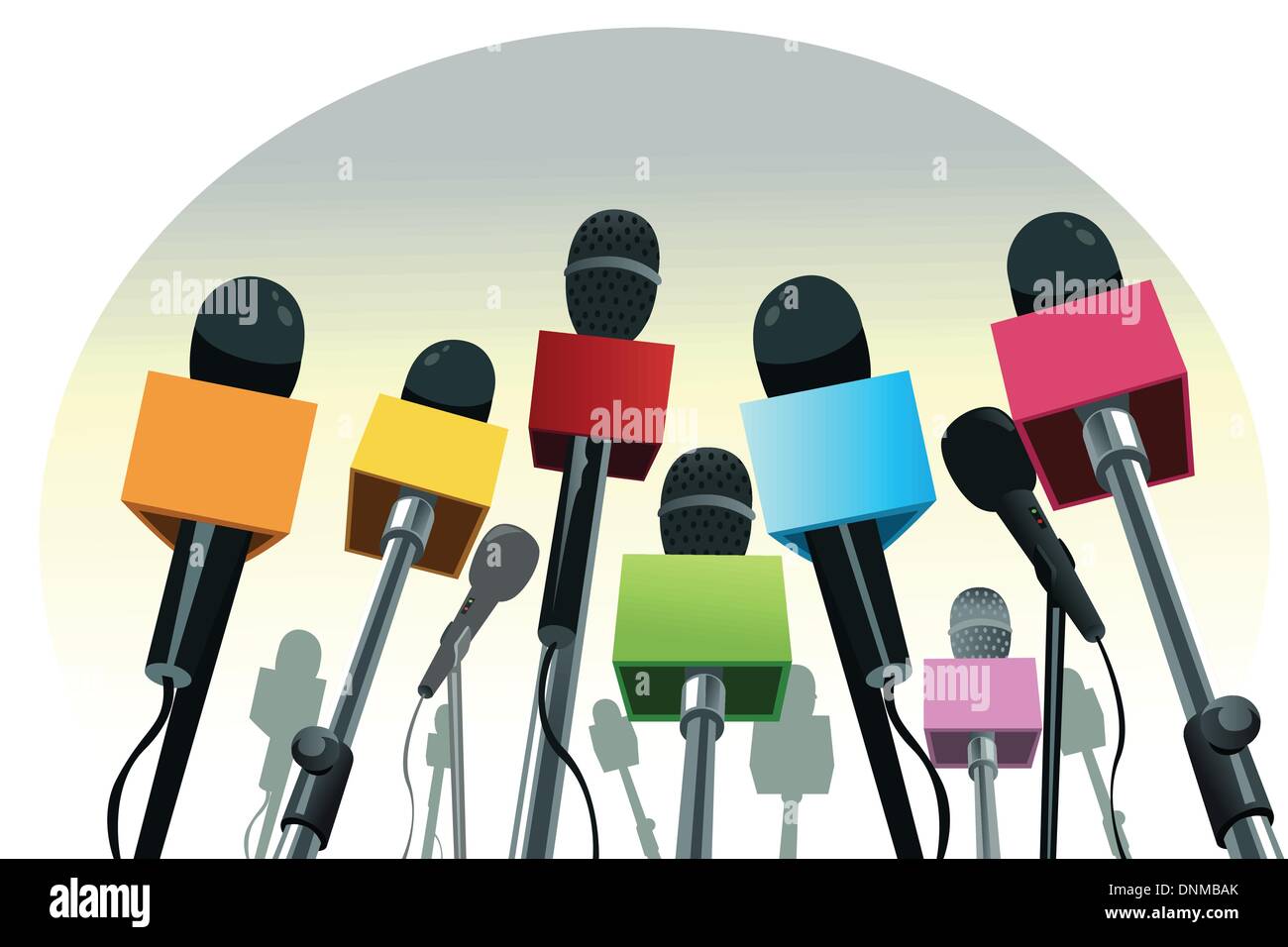 A vector illustration of colorful microphones on the podium with copy ...