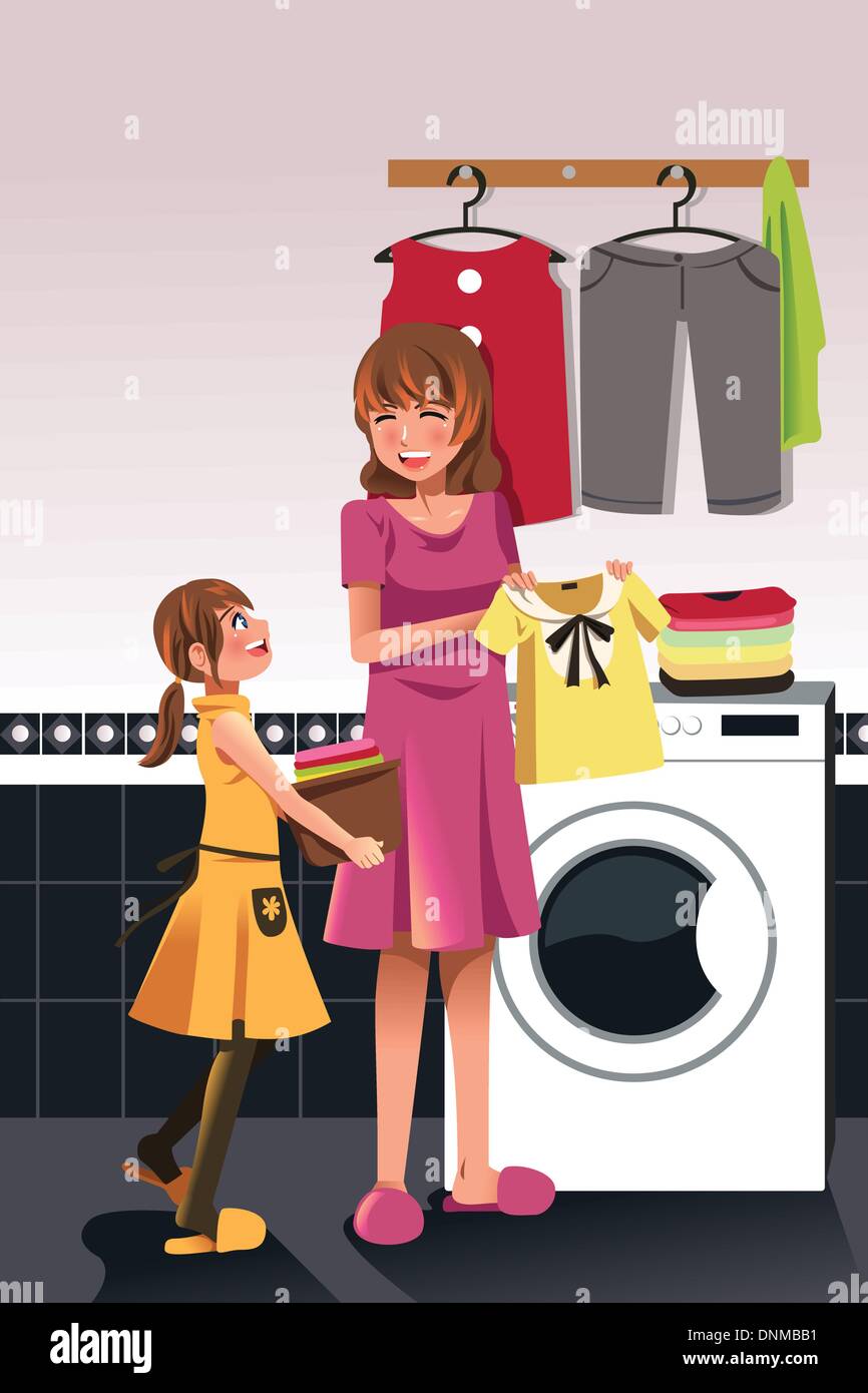 A vector illustration of daughter helping her mother doing laundry ...