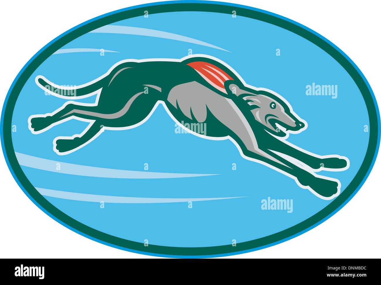 illustration of a Greyhound racing and jumping set inside oval Stock ...
