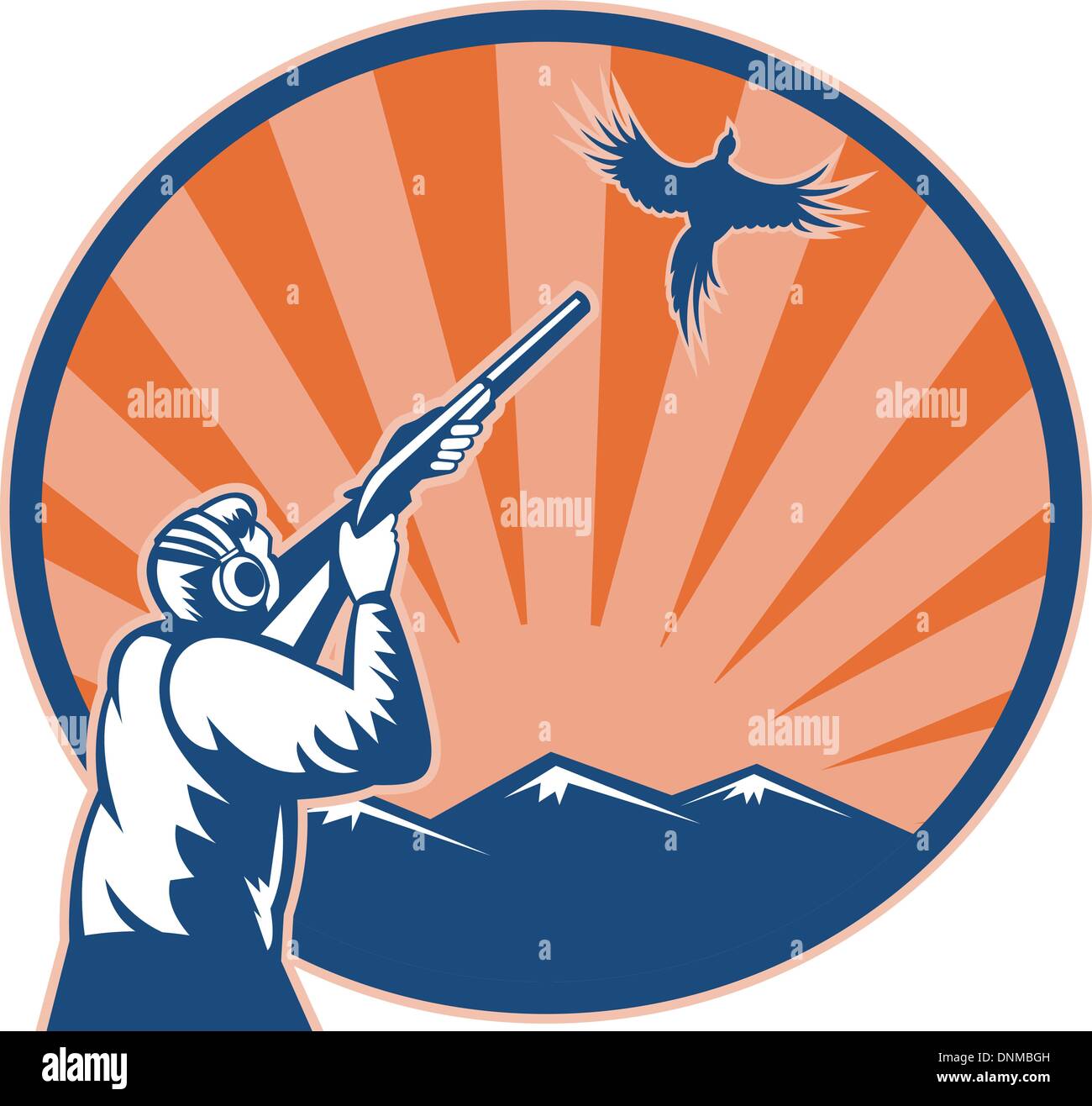 illustration of a Hunter aiming shotgun rifle at bird pheasant with ...