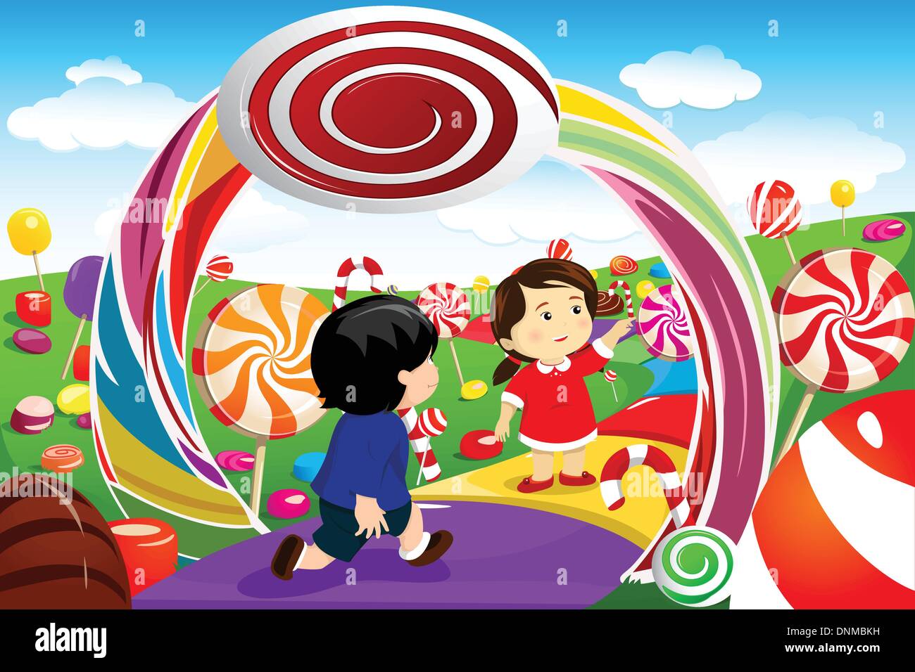 A vector illustration of happy kids playing in a candy land Stock ...