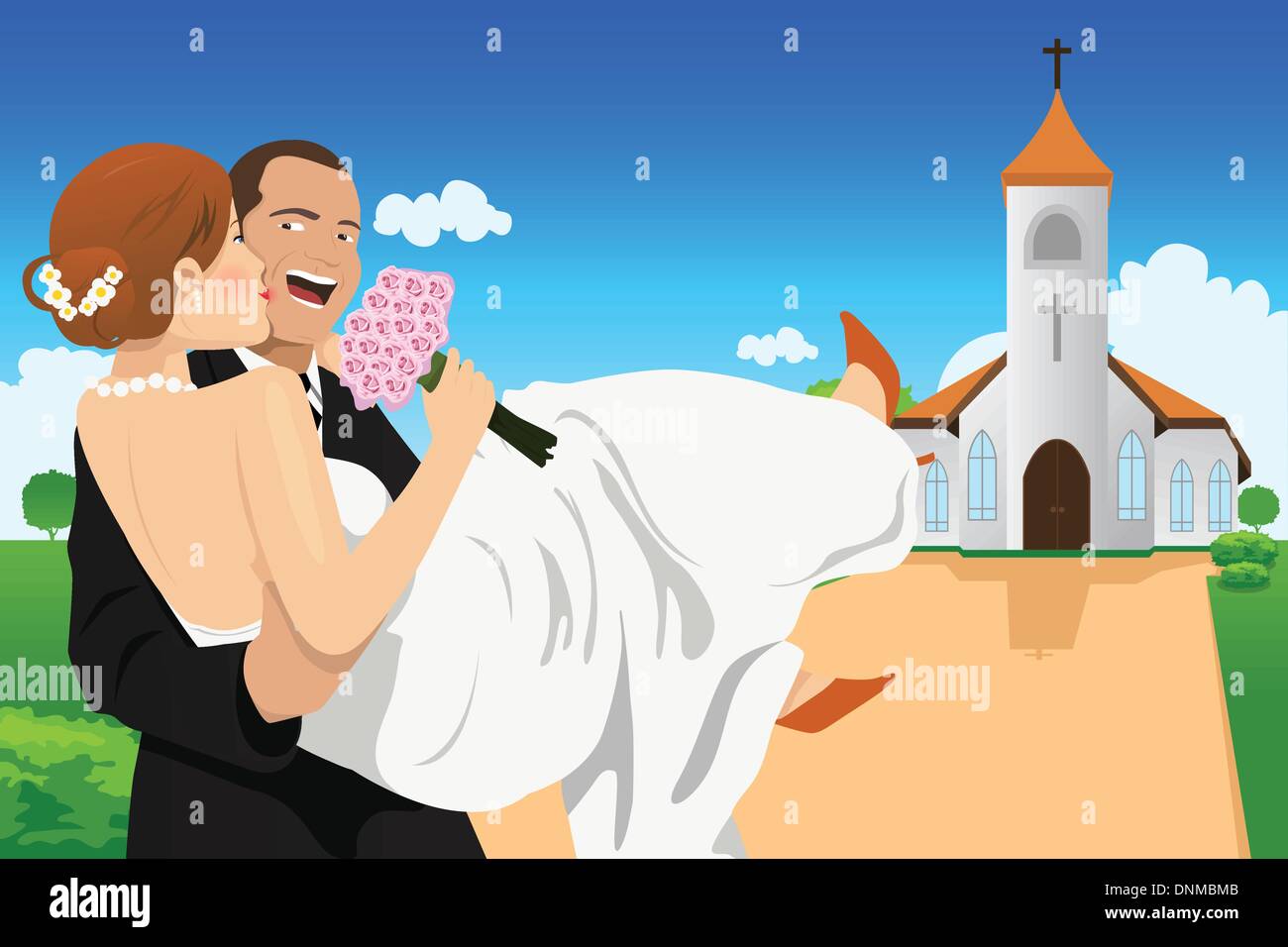 A vector illustration of a happy groom carrying the bride Stock Vector ...