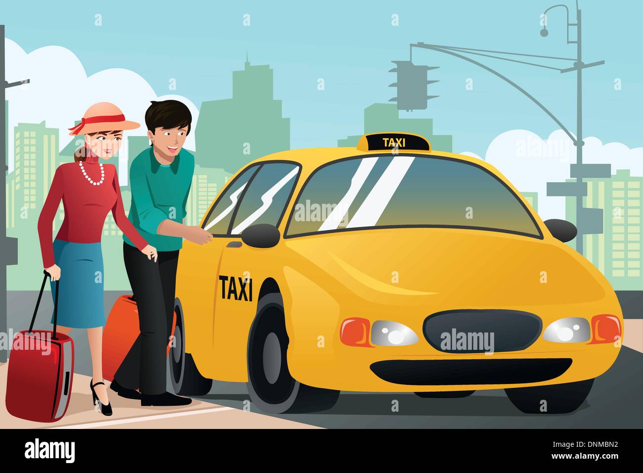 A vector illustration of couple of tourists calling a taxi cab Stock ...