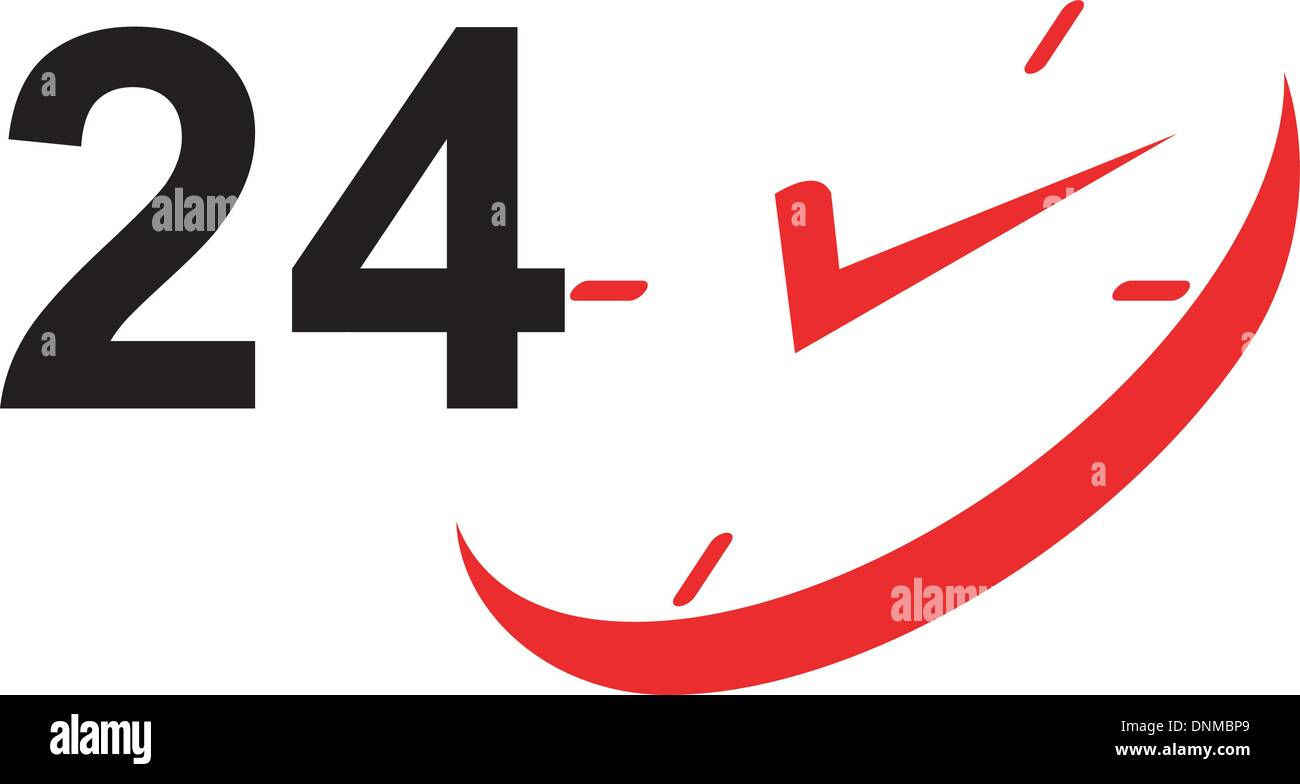 Illustration of 24 hour sign and clock set in white background done in ...