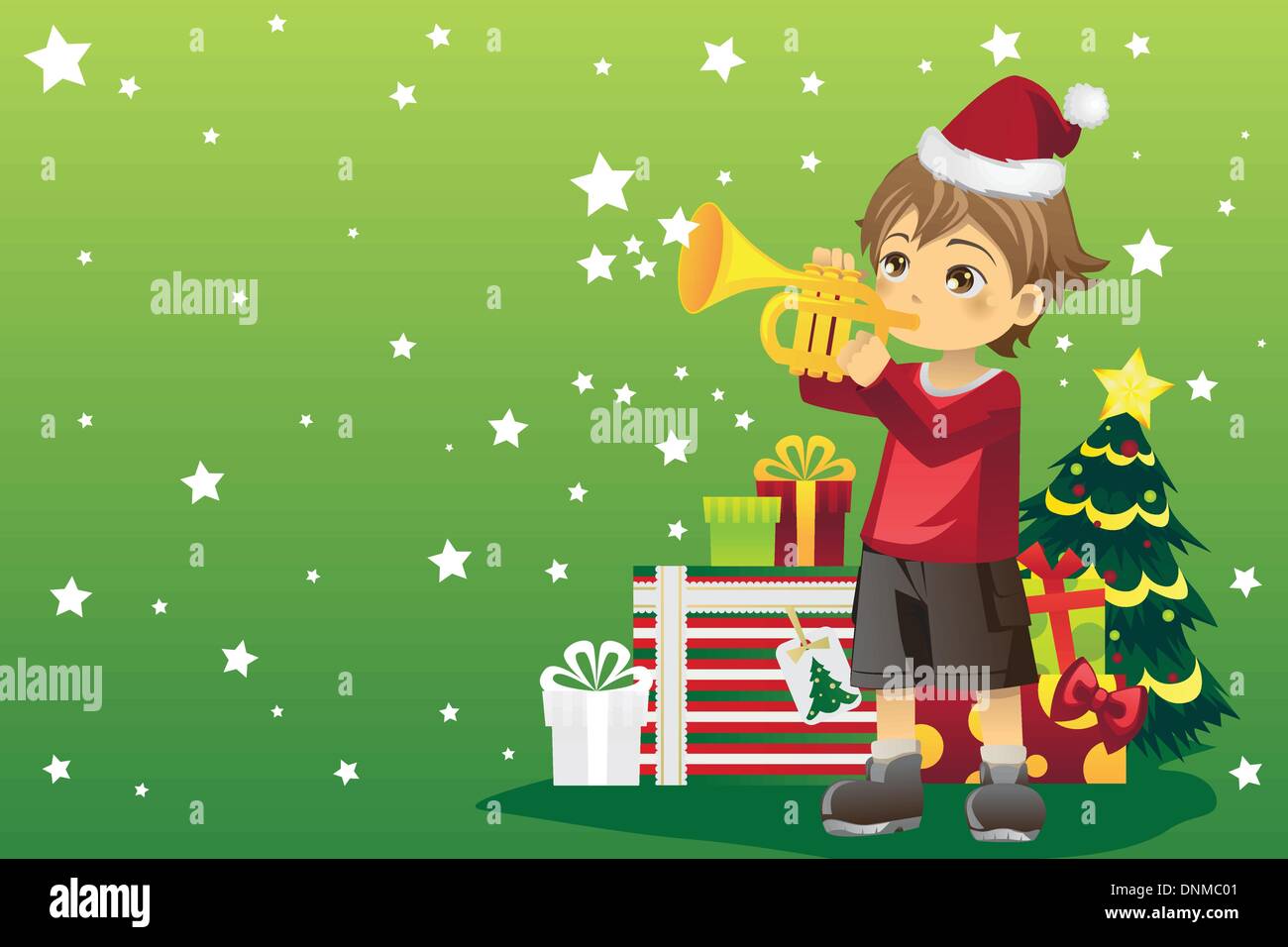 A vector illustration of a boy blowing a trumpet celebrating Christmas ...
