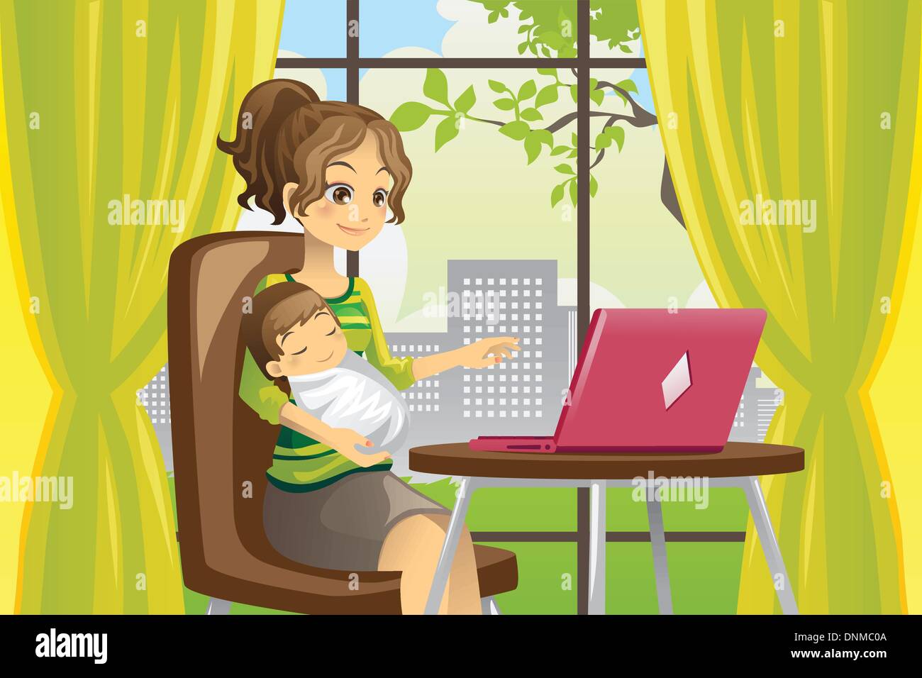 A Vector Illustration Of A Mother Working On A Laptop While Holding A