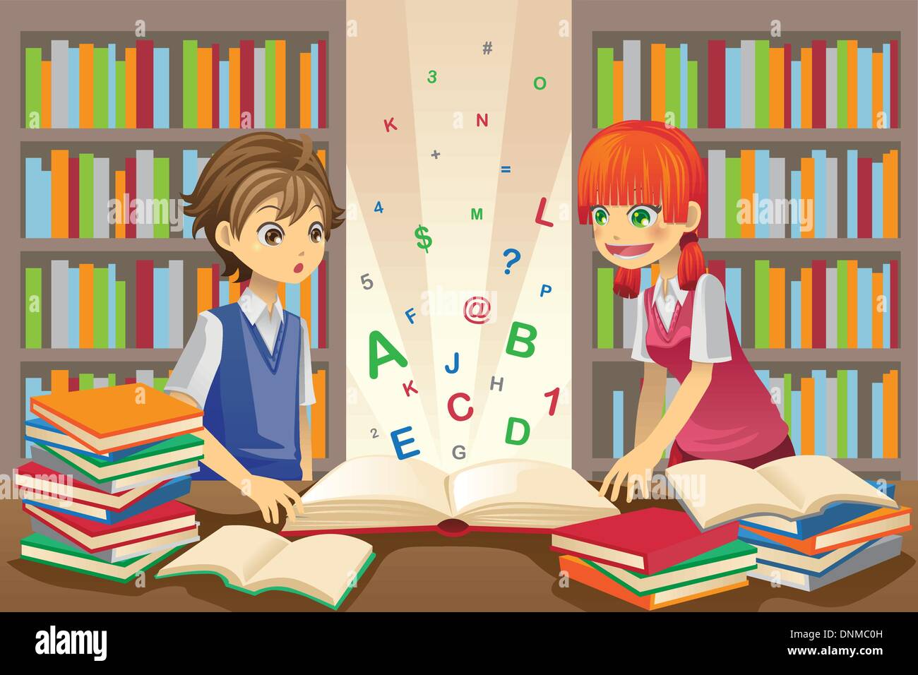 A vector illustration of kids education, kids studying in the library ...