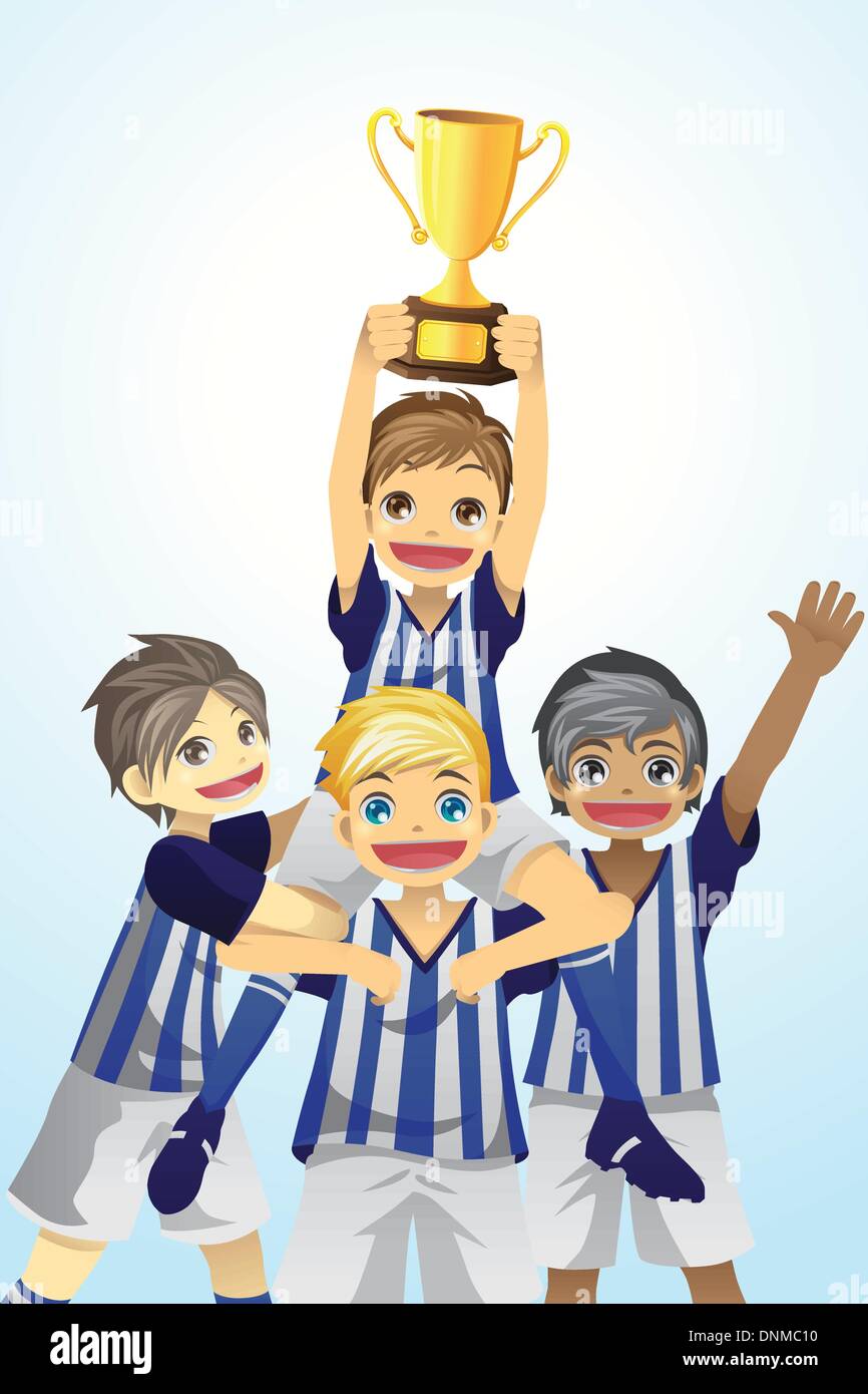 A vector illustration of a group of sporty kids lifting up trophy Stock ...