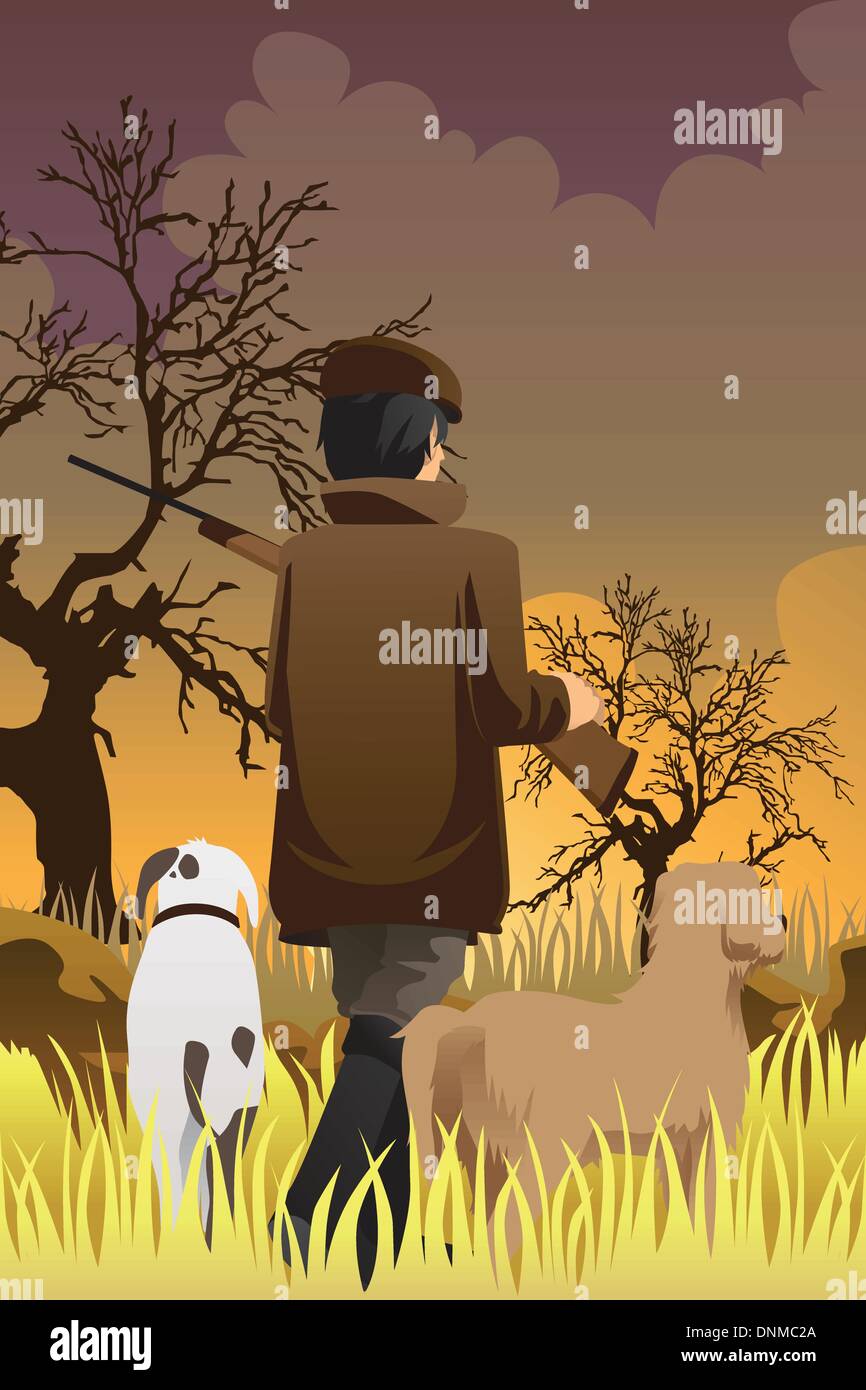 A vector illustration of a hunter going hunting with his two dogs Stock ...