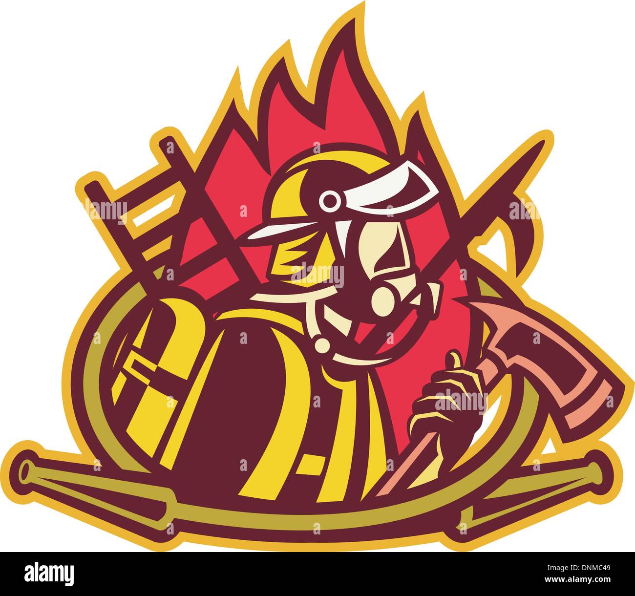 Imagery shows an icon of fireman with an axe and a fire ball, ladder ...