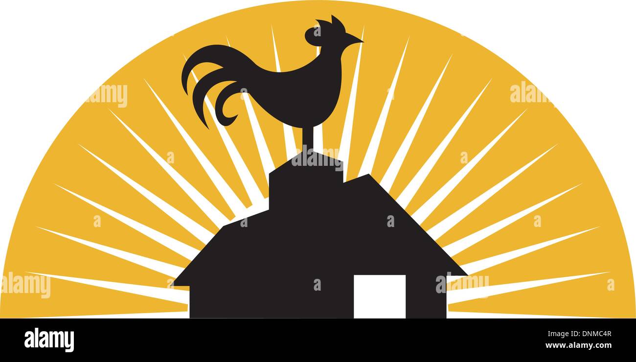 illustration of a Rooster crowing on top of farm house or barn Stock ...